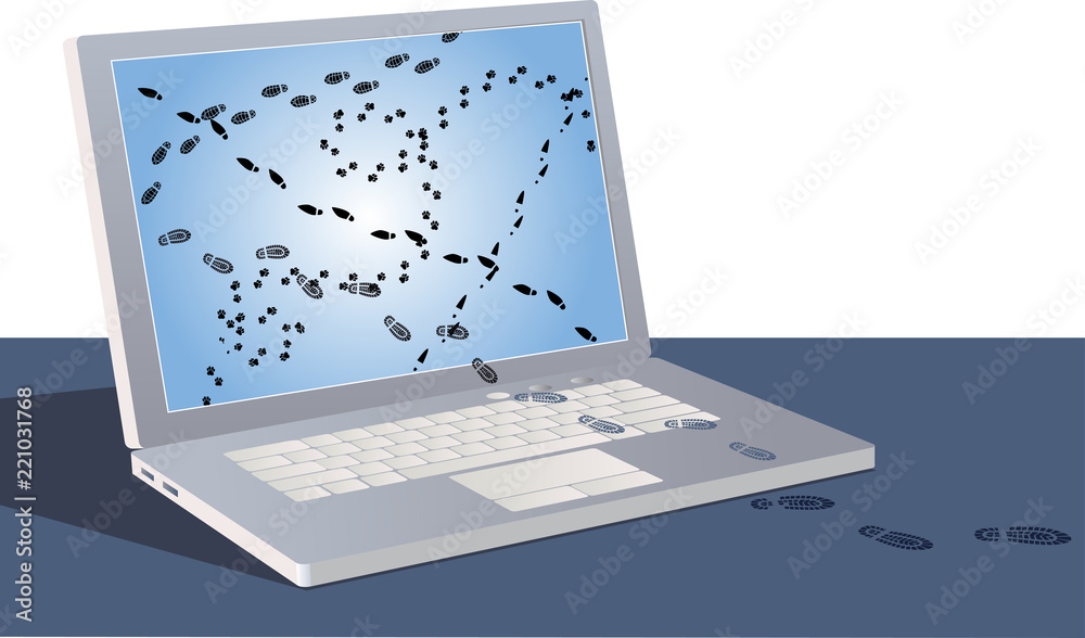 Laptop with digital footprints crossing the screen and going into ...