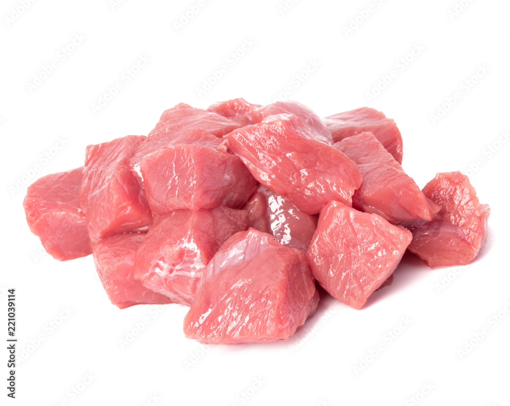 Raw chopped beef meat pieces isolated om white background cut out ...