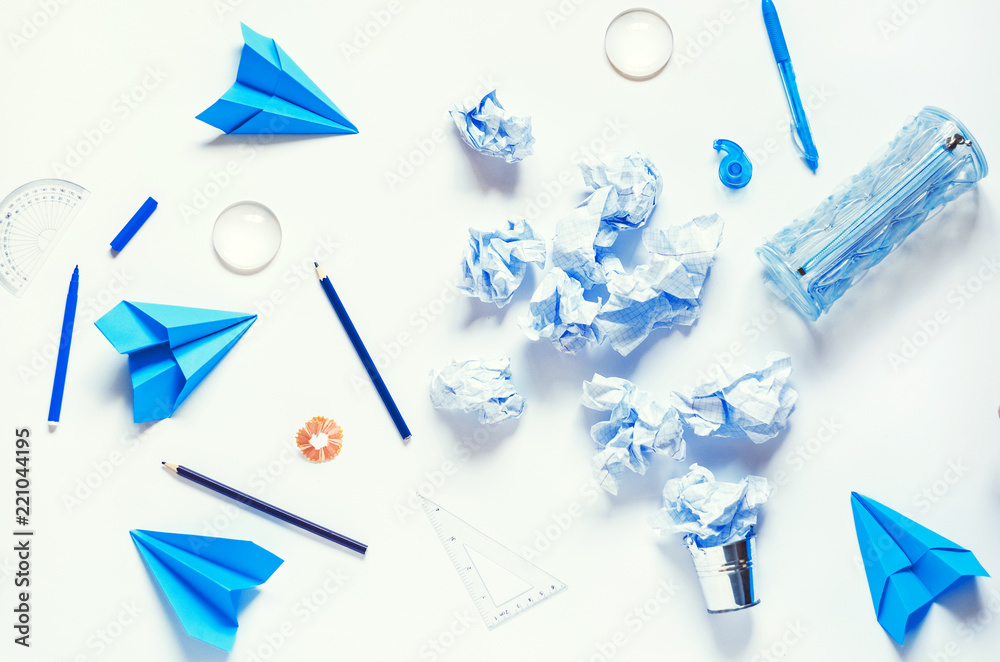 study and knowledge. school. a lot of ideas, a crumpled paper. bucket ...