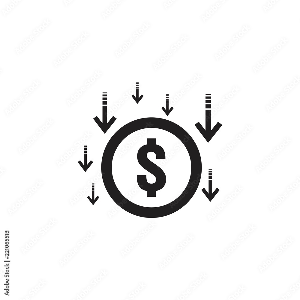 arrow decrease icon. dollar money fall down symbol. economy stretching rising drop. Business ...
