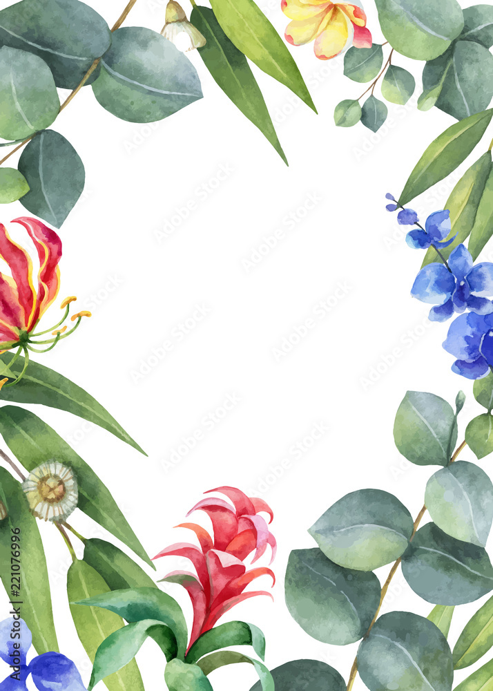 Watercolor vector green floral card with eucalyptus leaves, purple ...