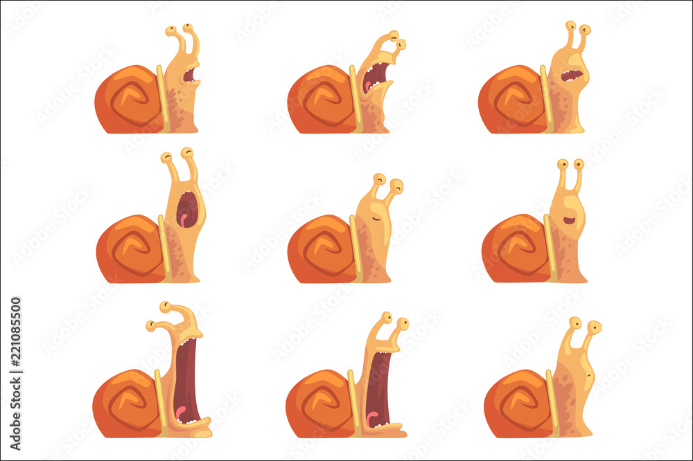Cute cartoon snails showing different emotions set, funny snail ...