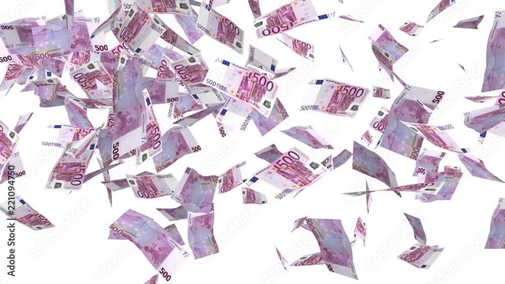 Flying 500 Euro banknotes in fast motion isolated on a white background ...