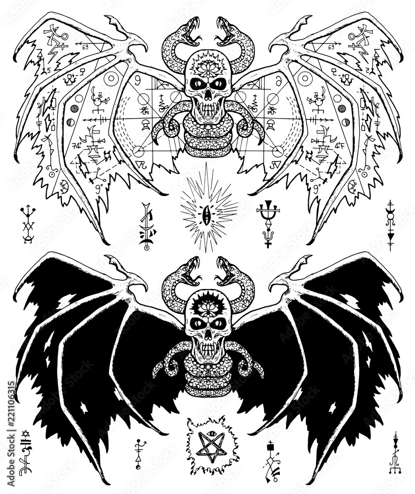Design set with winged evil demon skull and snake. Esoteric, occult and ...