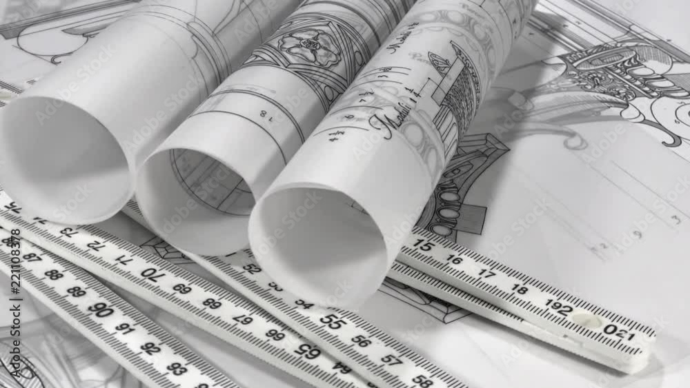 Blueprints - rolls of architectural drawings, yardstick - folding ruler ...