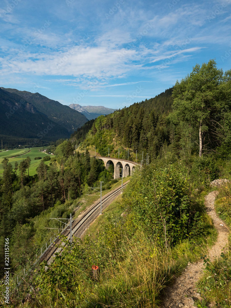 Train and the bridge in Switzerland with green slopes. The Rhaetian ...