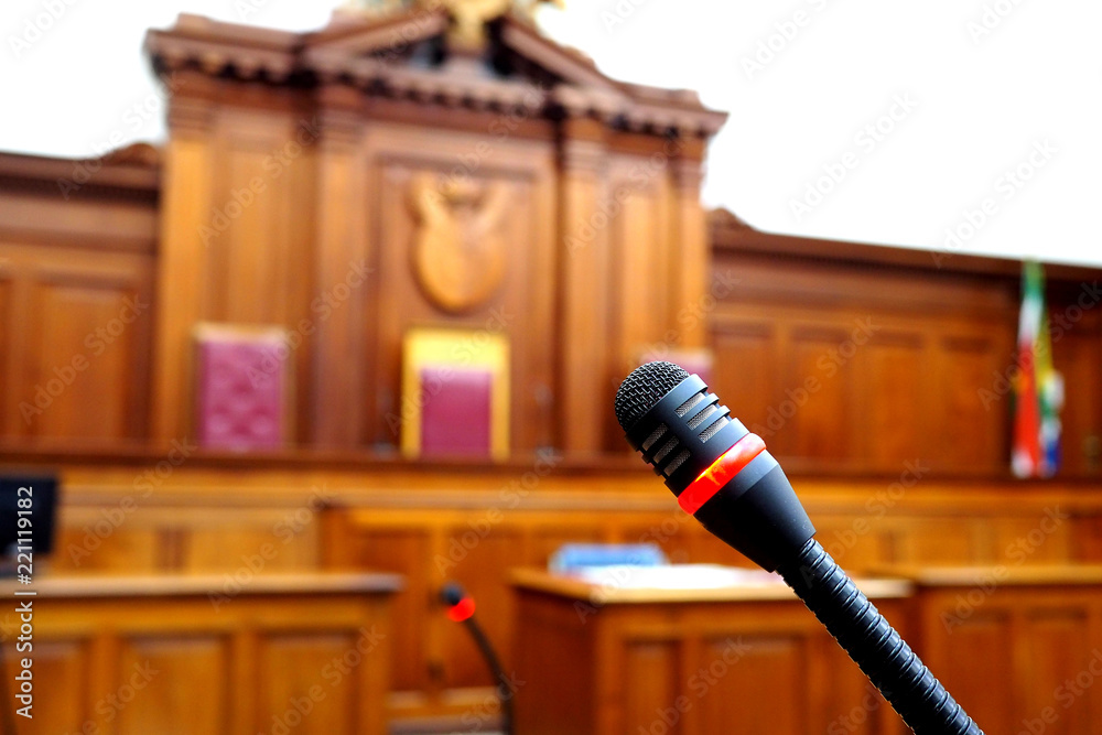 Empty courtroom, with old wooden paneling Empty courtroom, with old ...