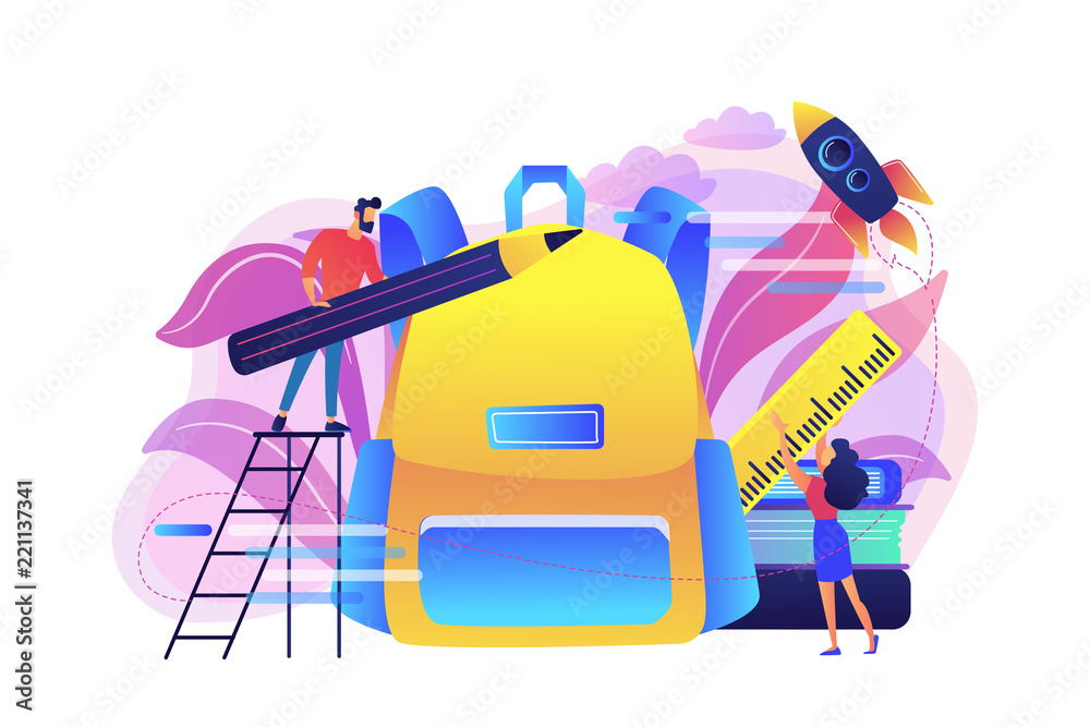 Students put pencil and ruler into backpack. Back to school bash ...