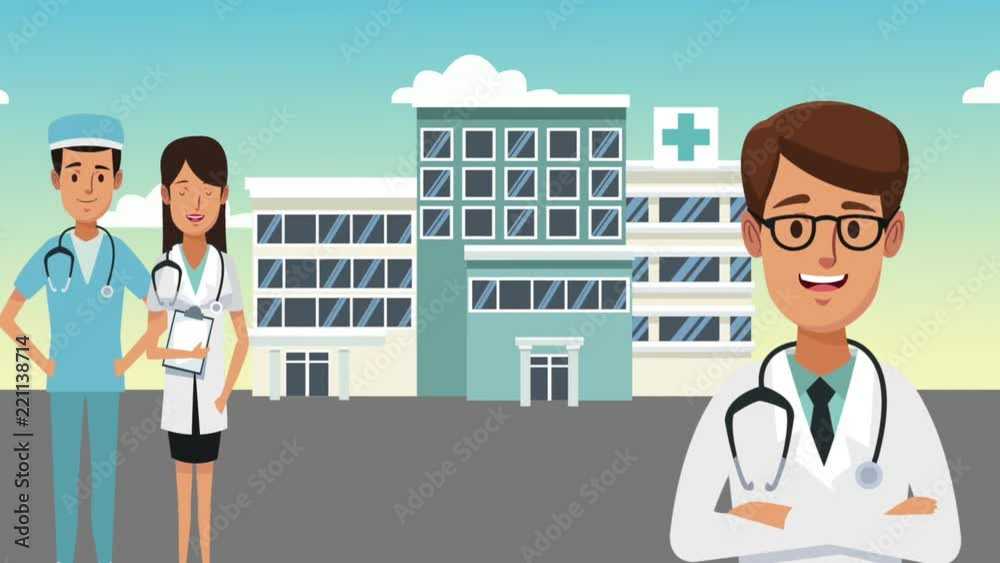 Doctor and medical team outside hospital building high definition ...