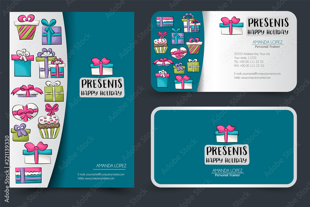 Gift boxes celebration presents flyer and business cards set ...