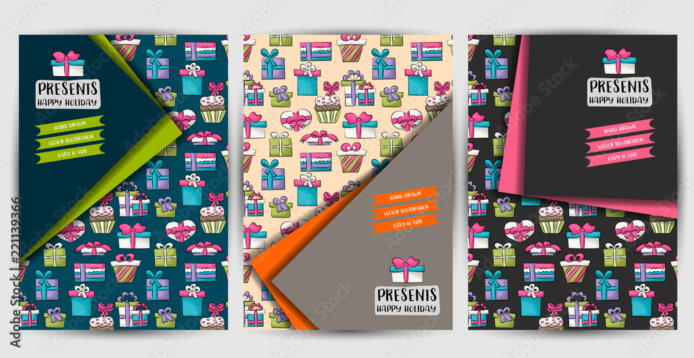 Gift boxes celebration presents flyer or posters set. Background for ...