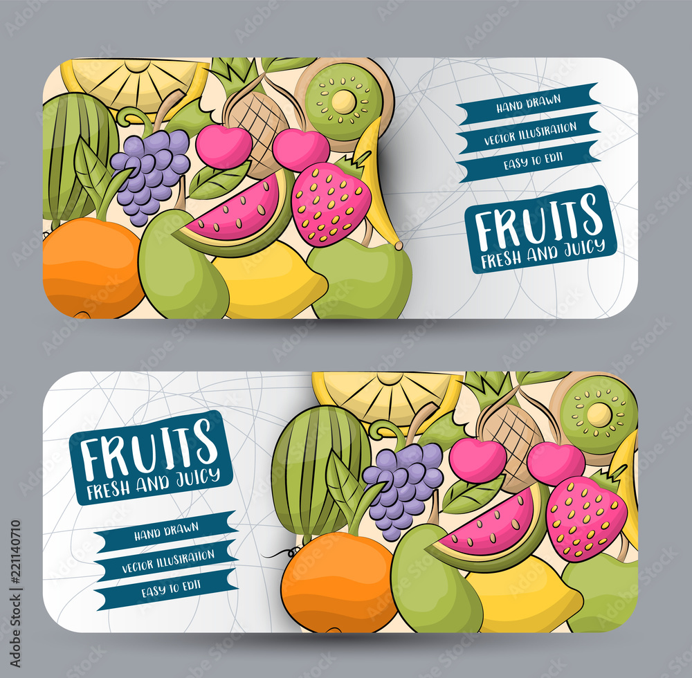Summer healthy fruits and berries set of horizontal banners and headers ...