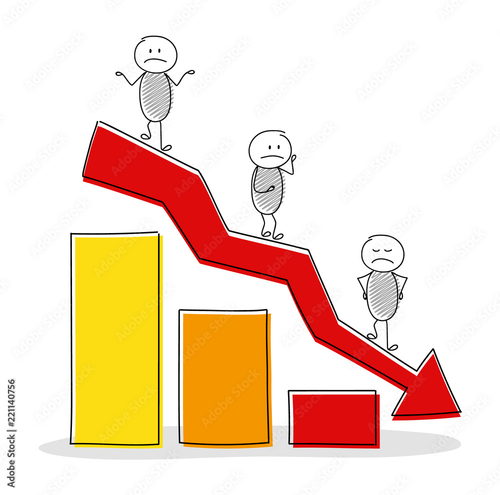 Hand drawn illustration with decreasing column graph and cartoon people ...