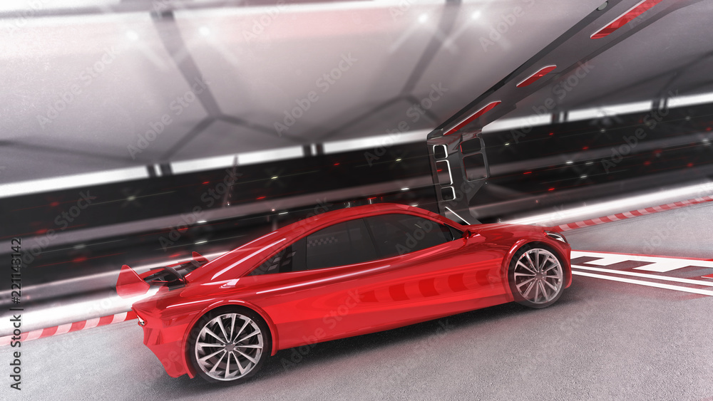 red sport car rides through finish side view, racing sport car ...
