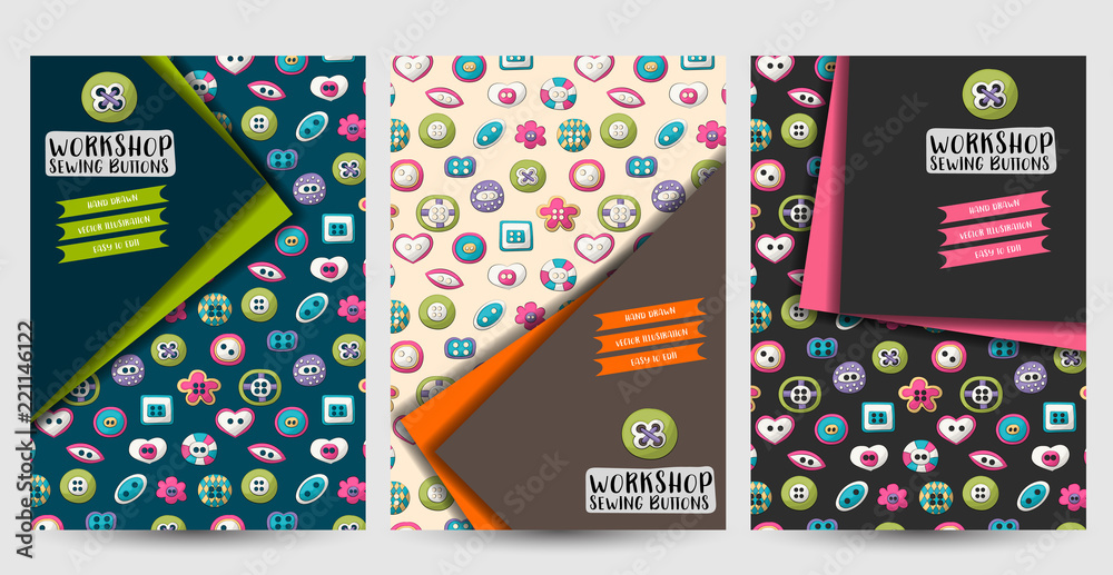 Sewing buttons flyer or posters set. Background for advertisement, menu ...