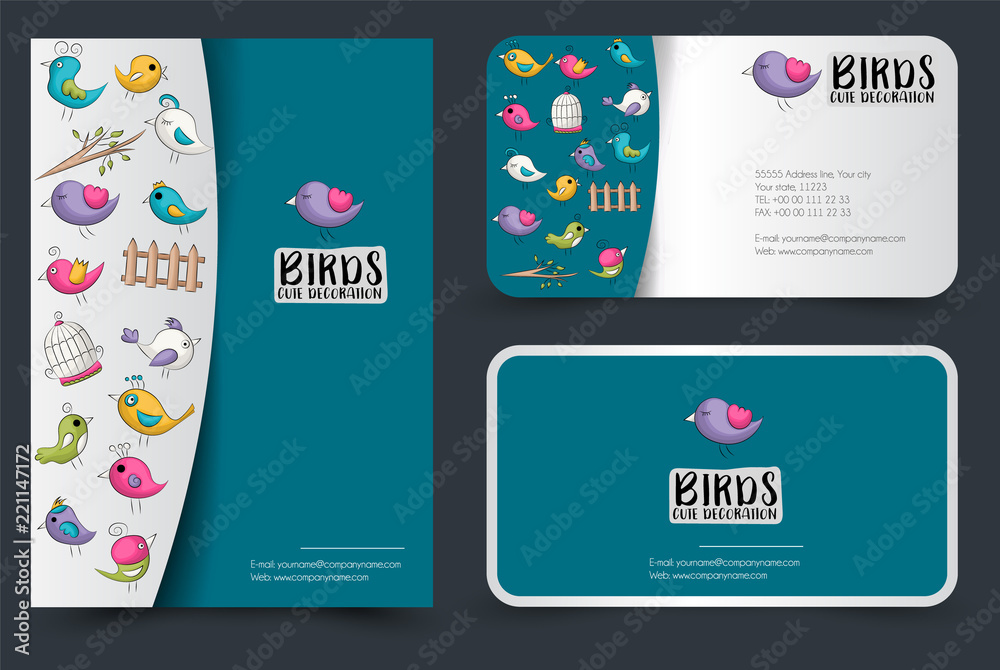 Cute birds flyer and business cards set. Background for advertisement ...