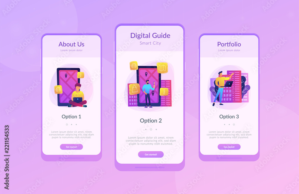 Mobile app ui design. Man near screen with city map and gps tags on the ...