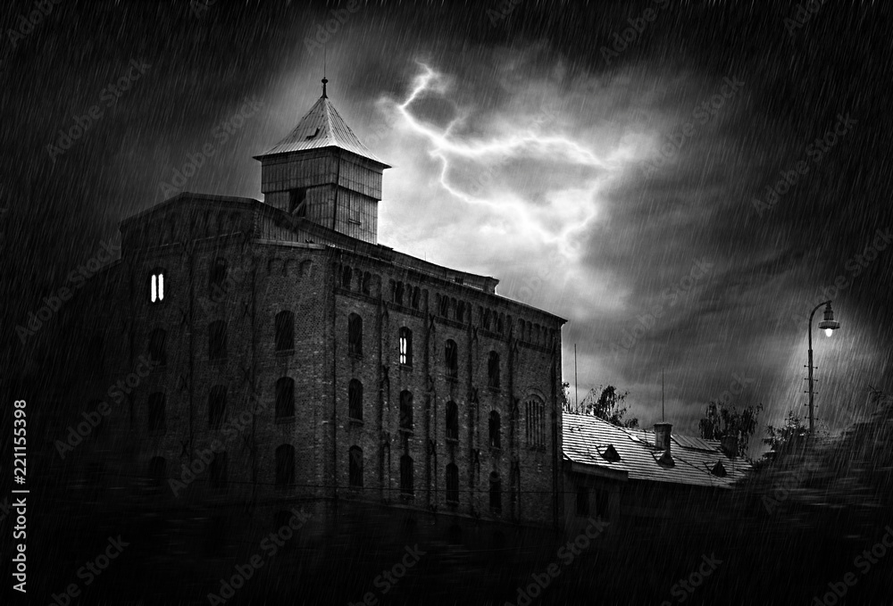 Big old industrial building in storm and rain. Horror nightmare Stock ...