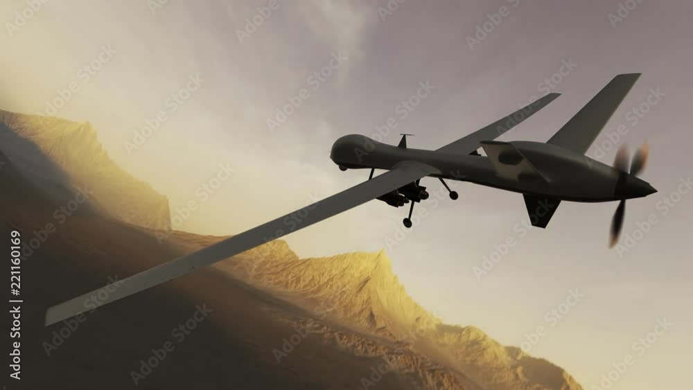 Advanced armed military drone (UAV) flying smoothly over a vast desert ...