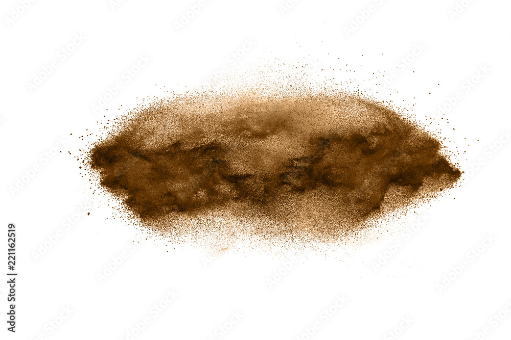 Deep Brown particles splattered on white background. Brown dust splash ...