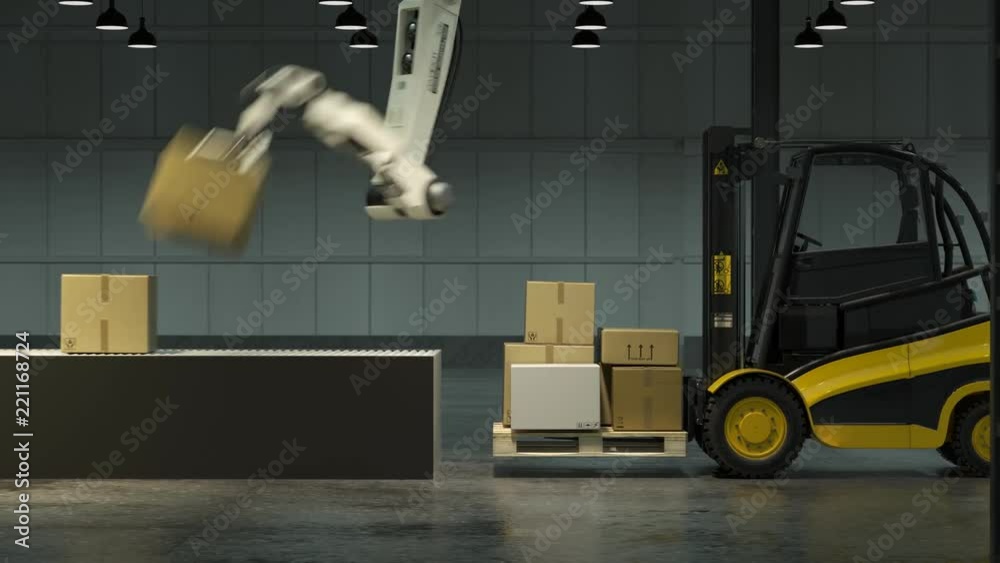 Video „Modern, advanced, robot arm loading and stacking cargo boxes ...