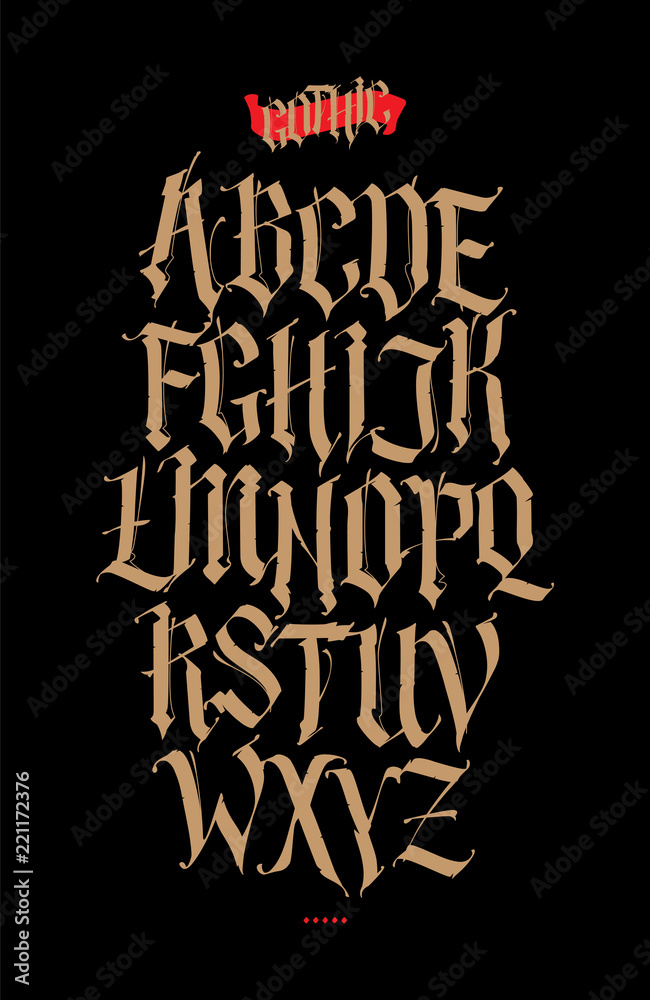 ภาพประกอบสต็อก Gothic, English alphabet. Font for tattoo, personal and ...