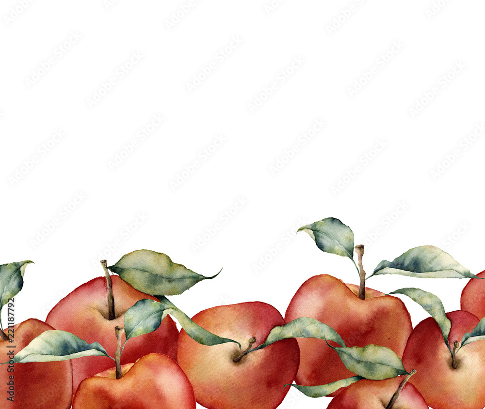 Watercolor card with apples. Hand painted border with red apples and ...