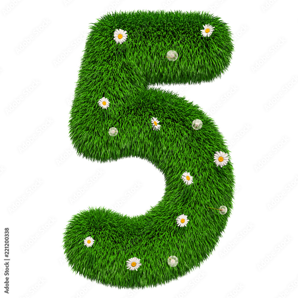 number 5 from grass with flowers, 3D rendering Stock Illustration ...