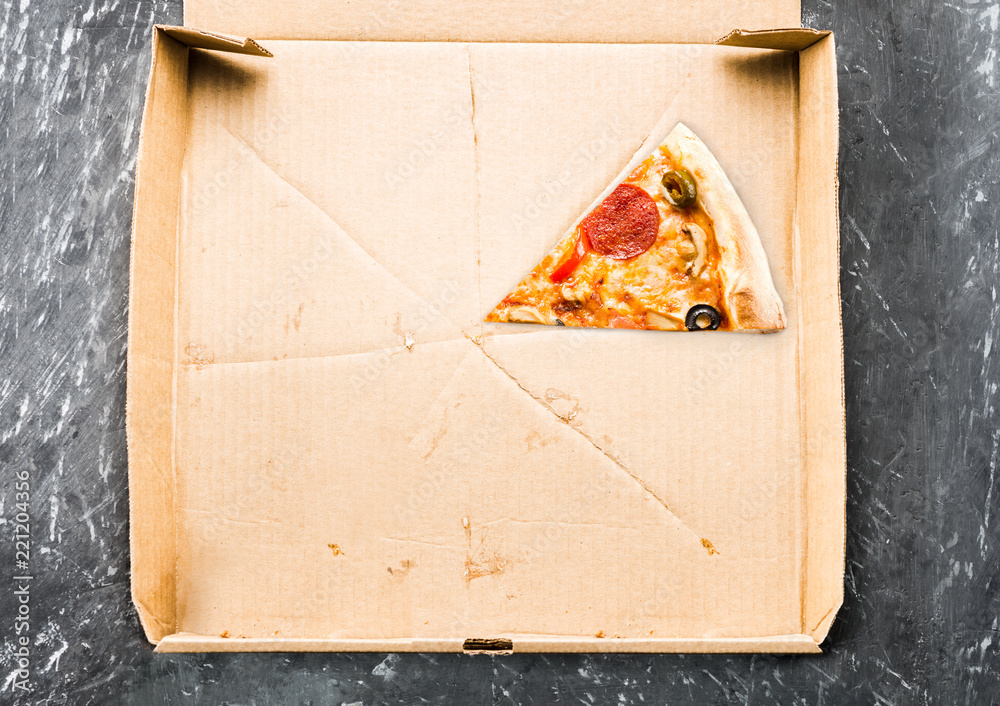One piece of pizza in cardboard pizza box Top view of empty box with ...