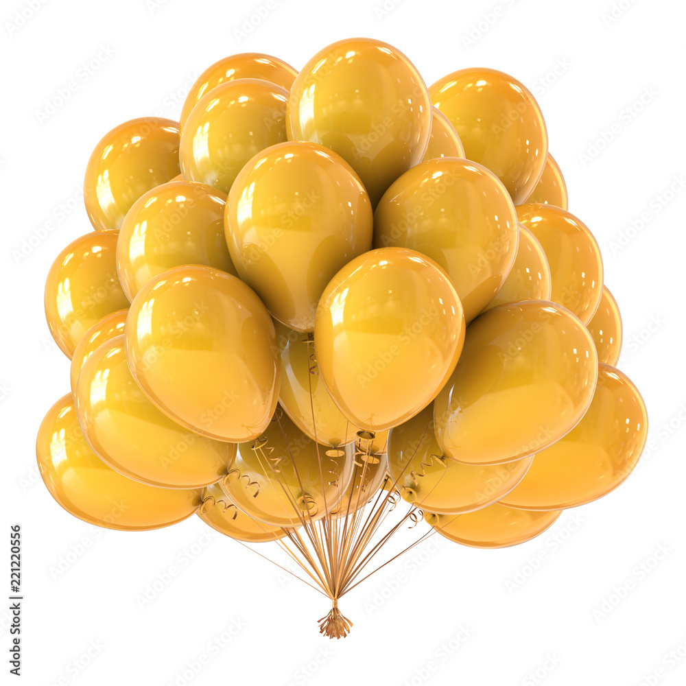 colorful yellow party balloon bunch shiny decoration. birthday helium ...