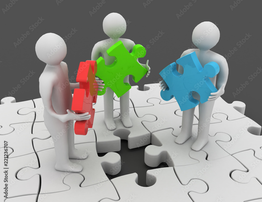 3d people holding different puzzle pieces standing on puzzle with ...