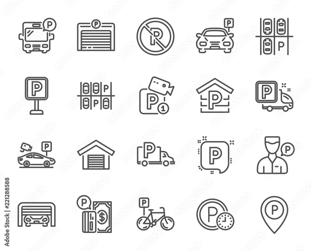 Parking line icons. Set of Garage, Valet servant and Paid parking ...