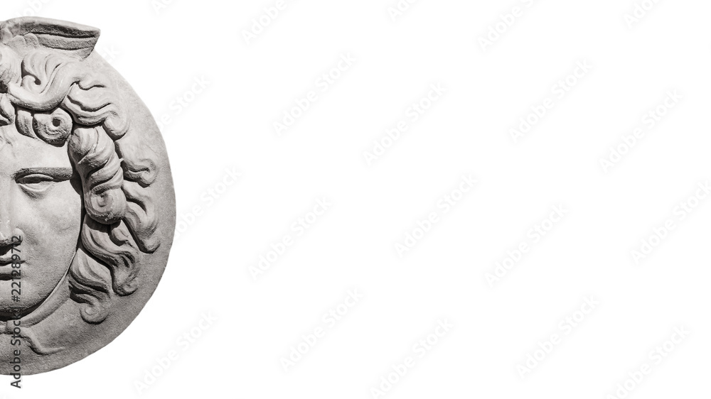 Marble ancient head of Greek mythological Medusa at isolated white ...