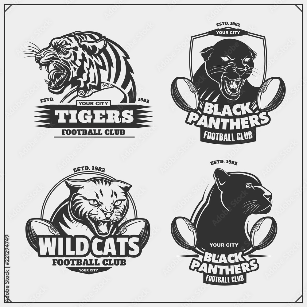 Set of football emblems, badges, logos and labels with tiger, panther ...