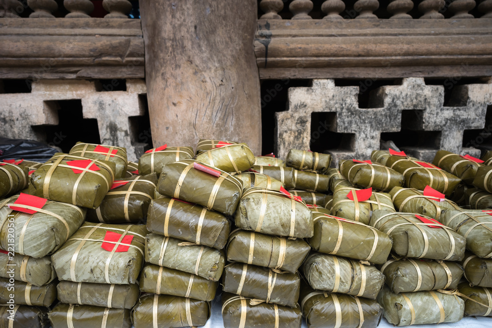 Pile of Chung cakes, Cooked square glutinous rice cake, Vietnamese new ...