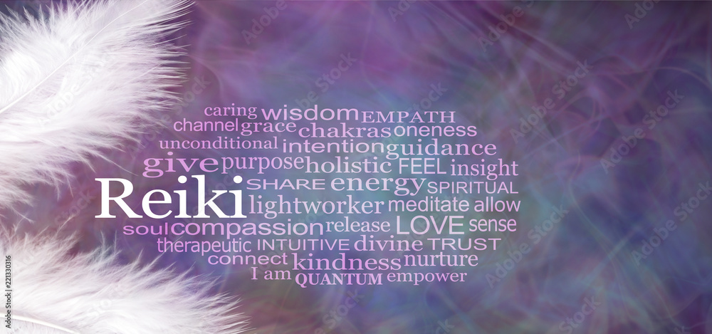 Angelic REIKI Word Cloud Rustic Banner - two white feathers with a ...