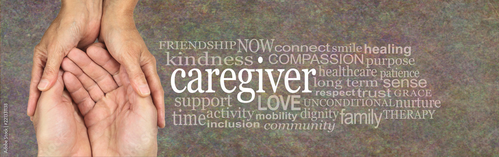 Rustic CAREGIVER word tag cloud - female hands gently cupped around ...
