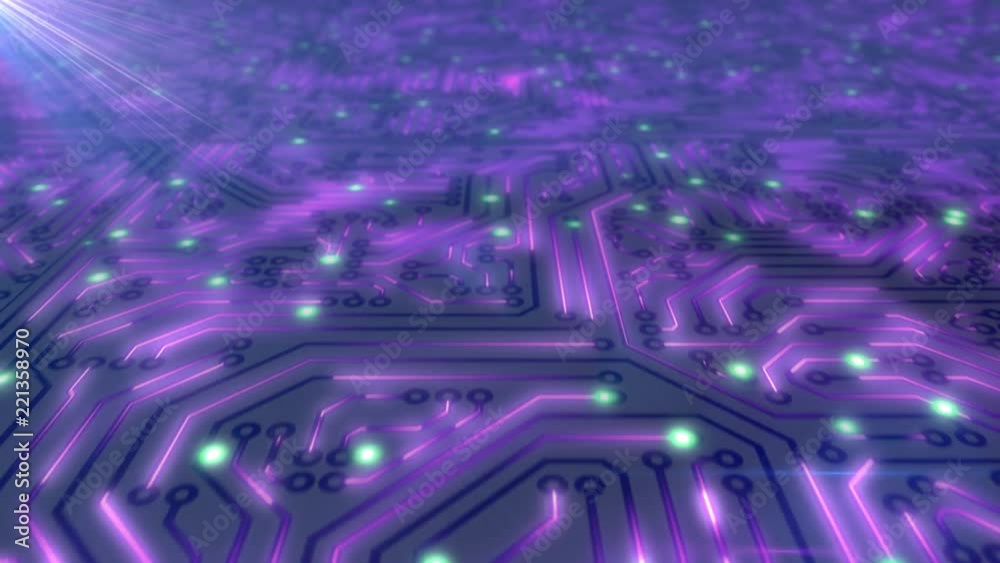Seamless looping animated ultra violet glowing circuit board texture in ...