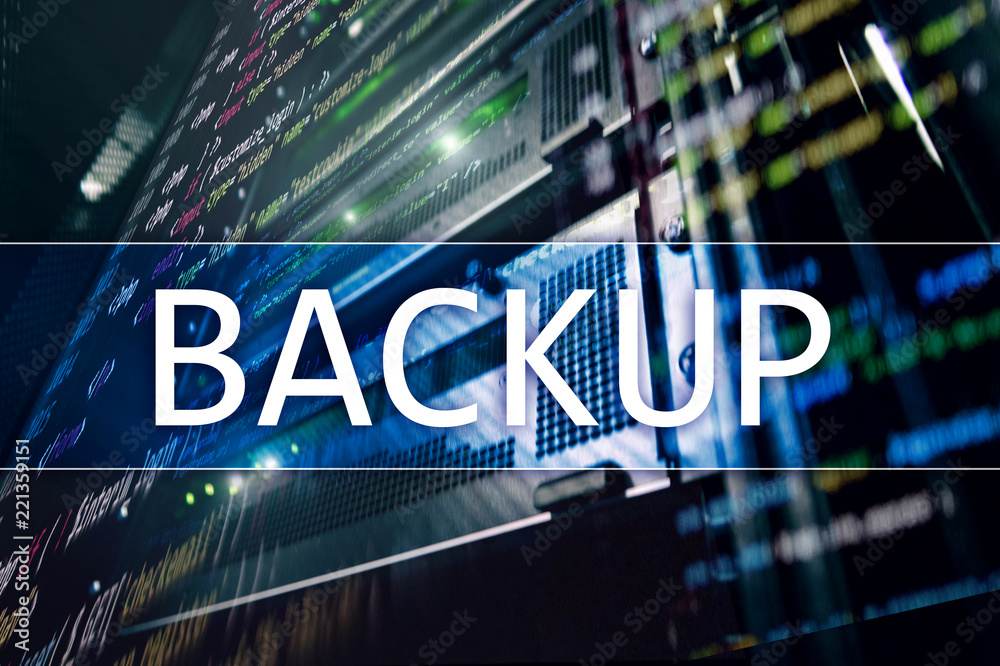 Backup button on modern server room background. Data loss prevention ...