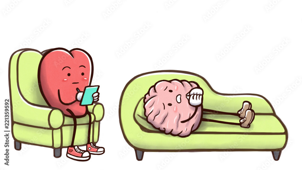 Psychologist heart in a therapy session with a patient brain on couch ...