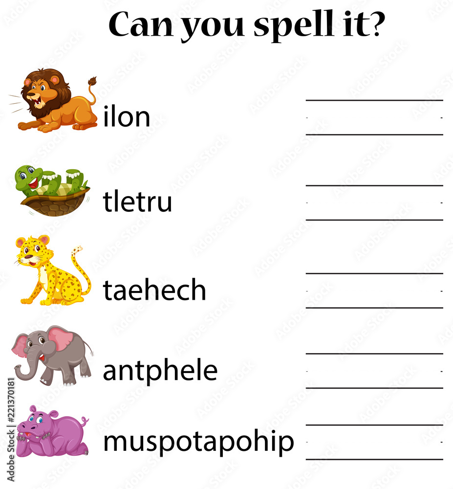 Animals spell word worksheet Stock Vector | Adobe Stock