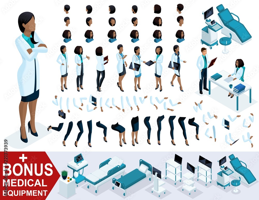 Isometric Woman Doctor African American, create your 3D surgeon, sets ...