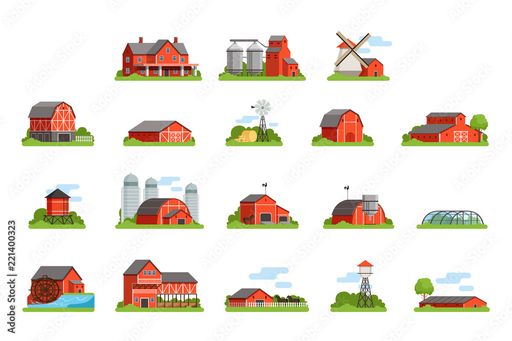 Farm house and constructions set, agriculture industry and countryside ...