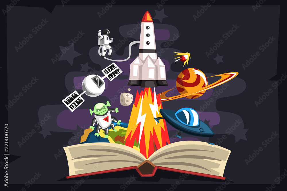 Open book with rocket, astronaut, planets, stars, UFO space ship and ...