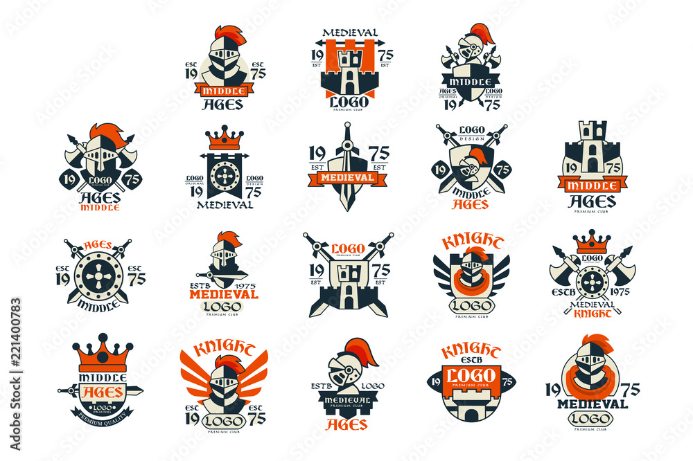 Medieval logo design set, middle ages vintage emblem vector ...