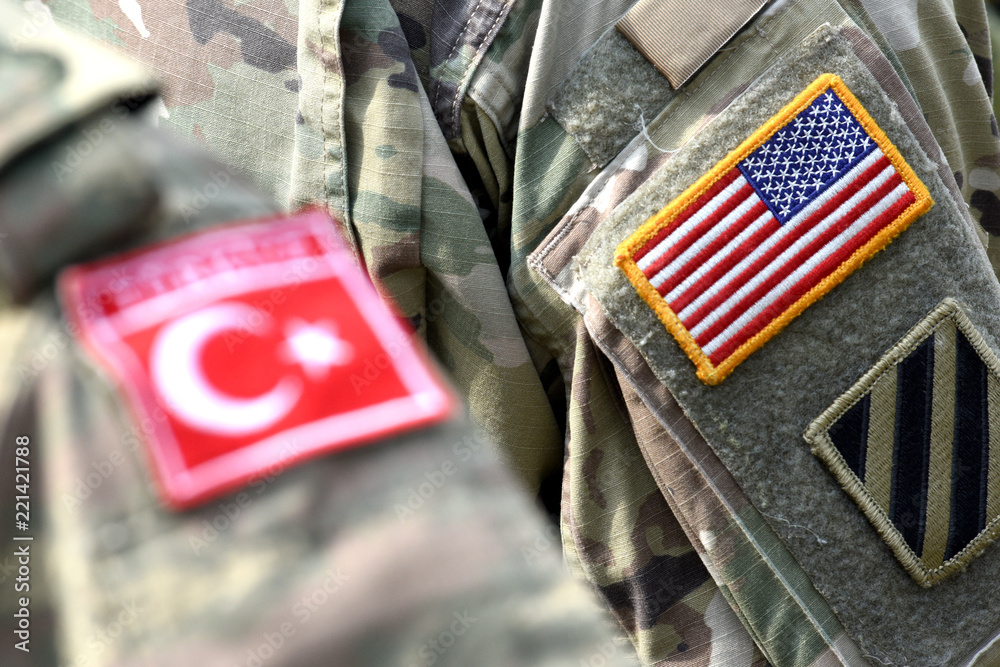 Turkish flag and US flag on army uniform. Turkish and US troops Stock ...