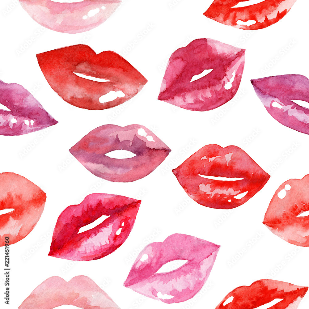 Women's lips pattern. Hand drawn watercolor lips isolated on white ...