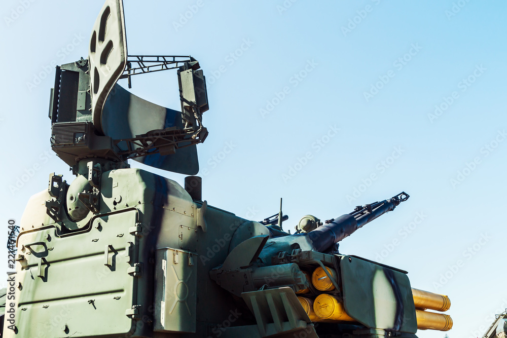 radar installation of anti-Aircraft missile system against the blue sky ...