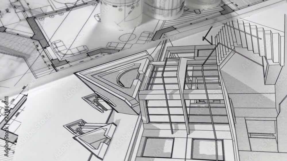Blueprints - rolls of architectural drawings smoothly rotate on the ...
