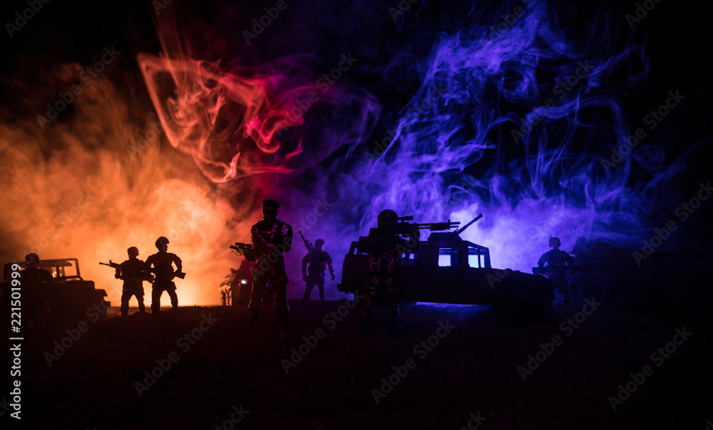 War Concept. Military silhouettes fighting scene on war fog sky ...